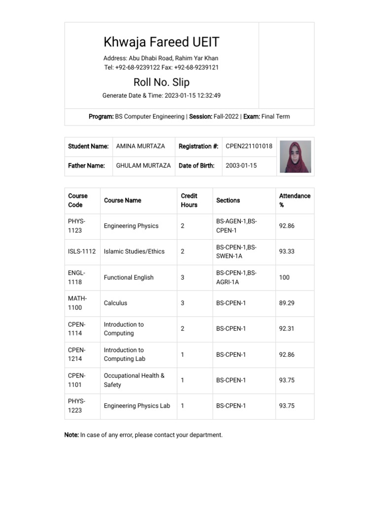 KFUEIT - RollNo - Slip | PDF
