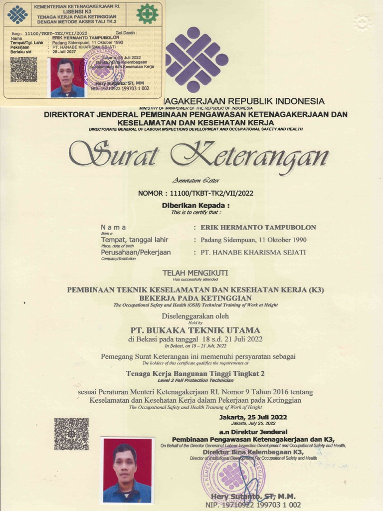 Contoh Sertifikat & Lisensi K3 | PDF