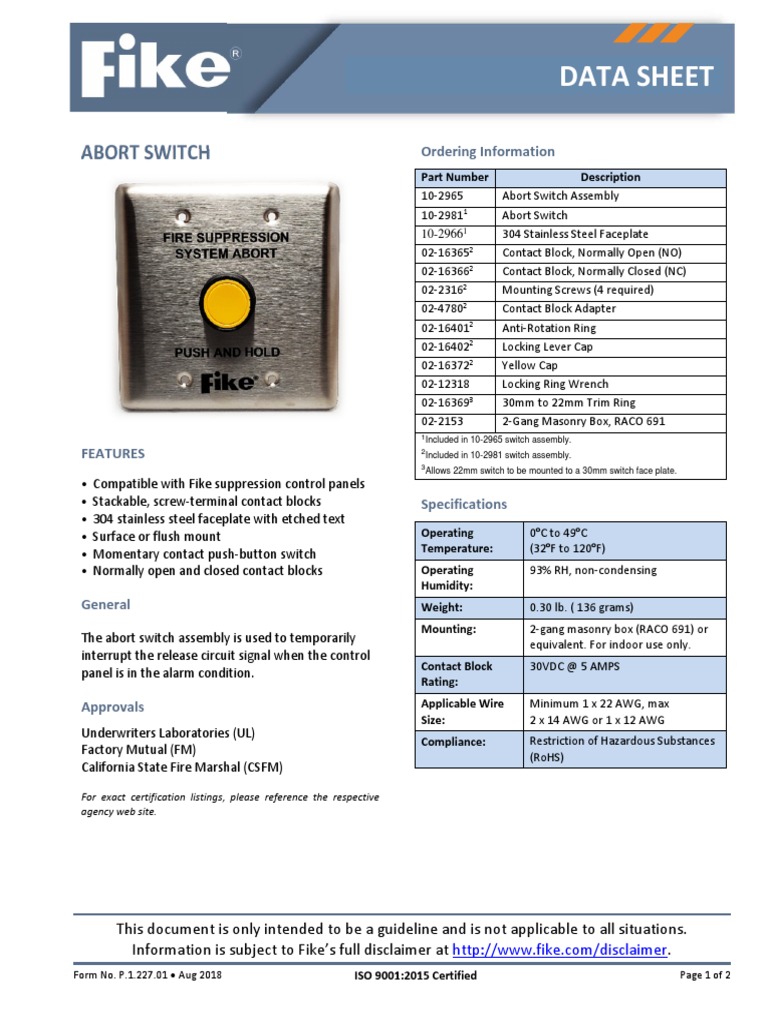 Data Sheet for Abort Switch Assembly | PDF | Switch | Manufactured Goods