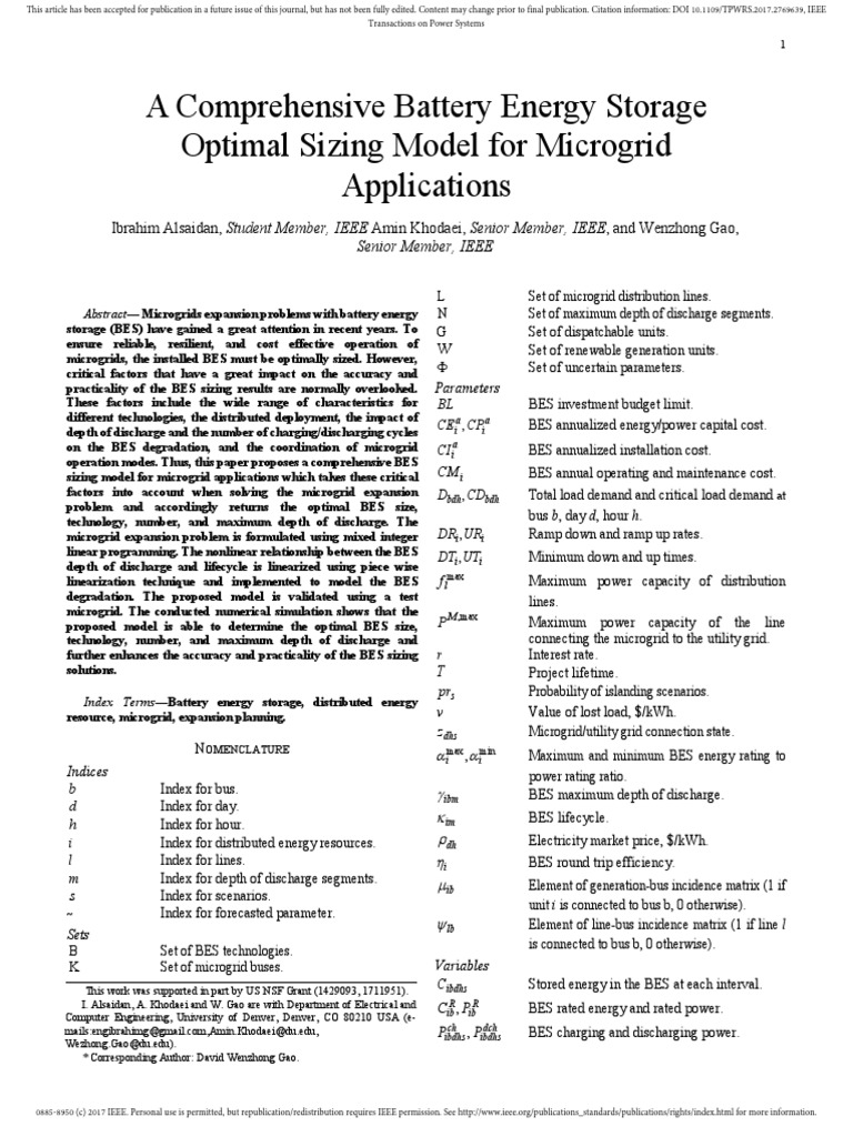 A Comprehensive Battery Energy Storage Optimal Sizing Model For Microgrid Applications | PDF ...