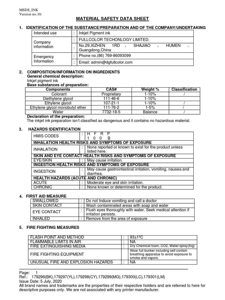 MSDS Ink Preparacion | PDF