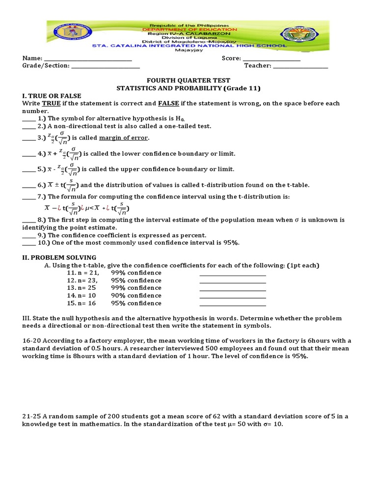 4th Quarter Test | PDF | Confidence Interval | Standard Deviation