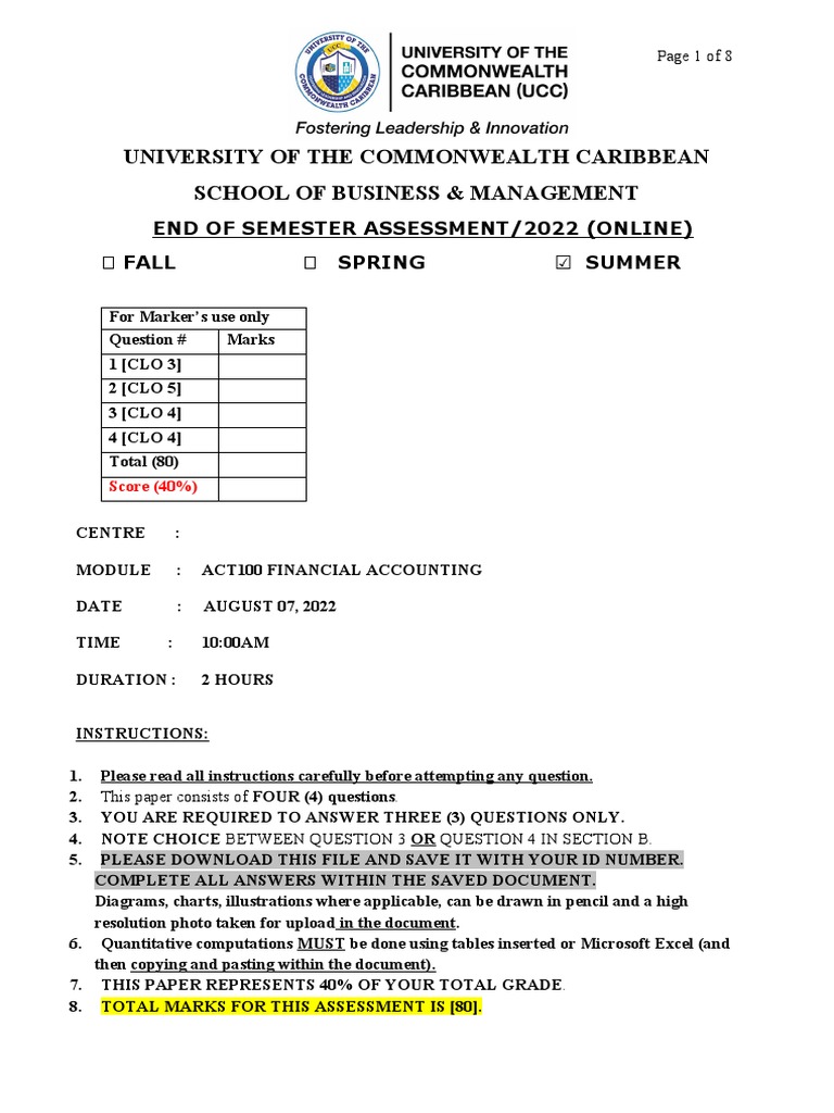 Act100 Financial Accounting Eosa Summer 2022 Questions 1 Docx 3 | PDF | Debits And Credits ...