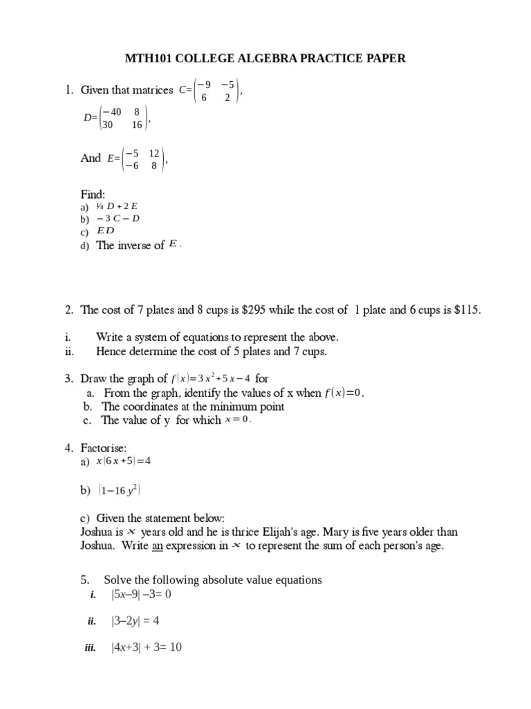 College Algebra Practice Sheet - Summer 2020 | PDF