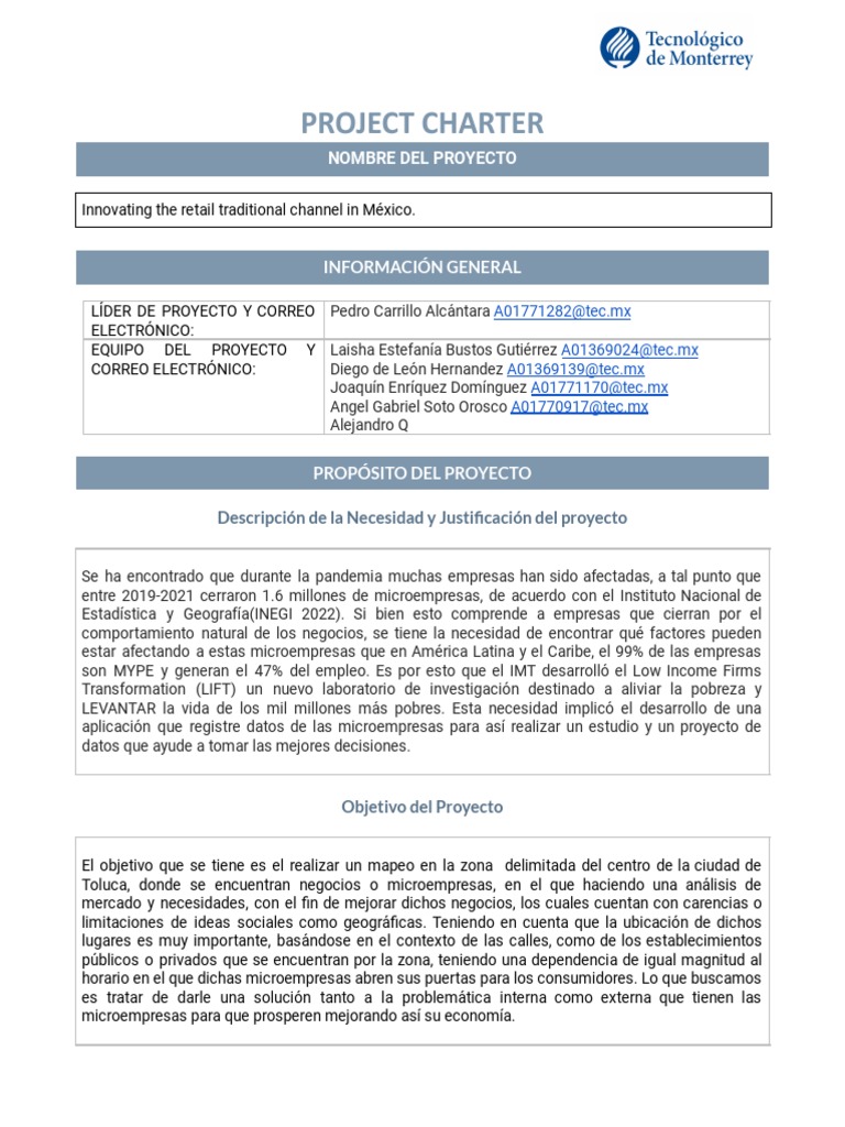 Formato Project Charter | PDF | Pequeñas y medianas empresas | Logística