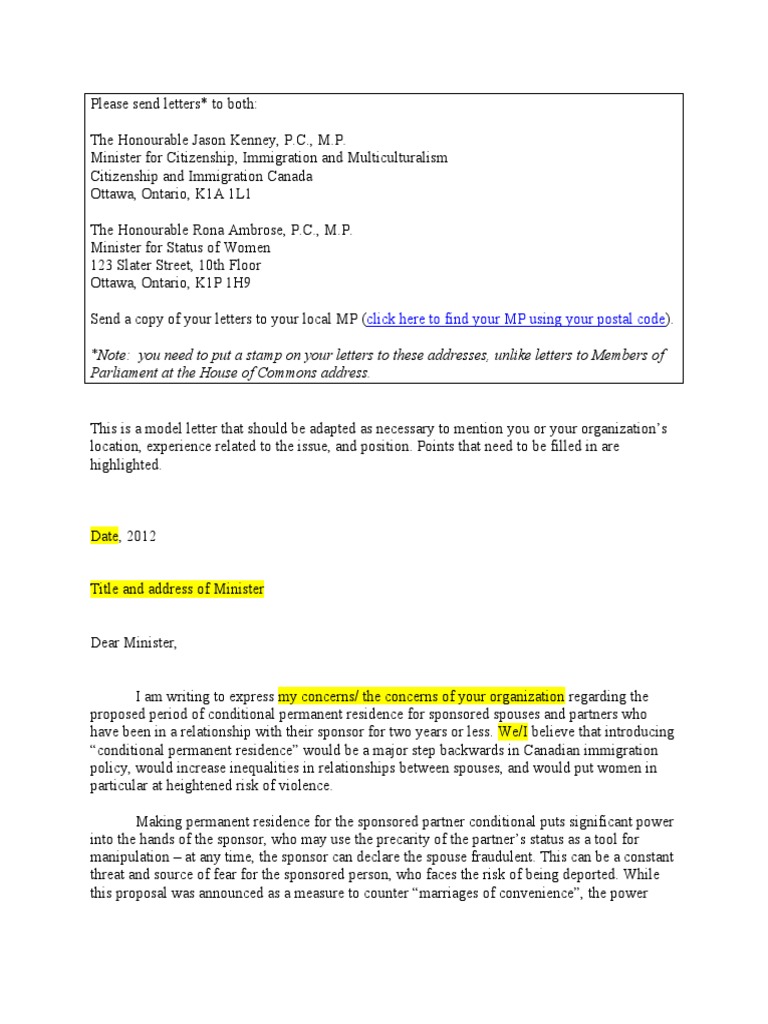 Letter To Mp Canada Pdf Marriage Violence