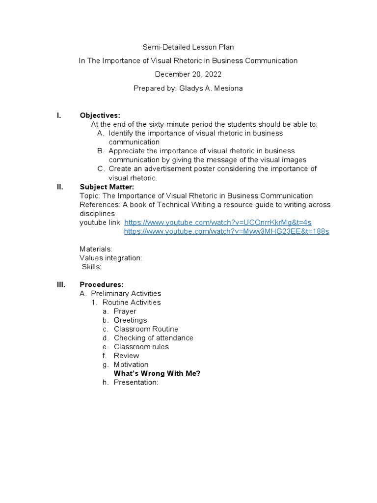 Semi Detailed Lesson Plan On Visual Rhetoric | PDF
