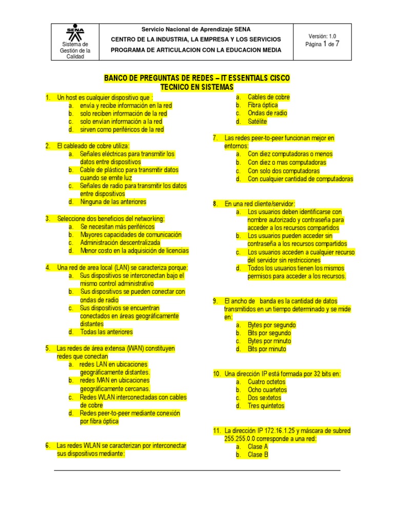 Cuestionario de Redes - Sistemas - Resuelto en Word | Descargar gratis PDF | Red de computadoras ...