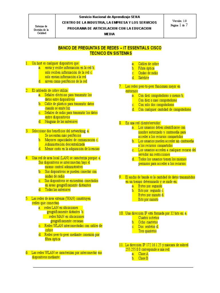 Cuestionario de Redes - Sistemas - Resuelto en Word | PDF | Red de computadoras | Dirección IP
