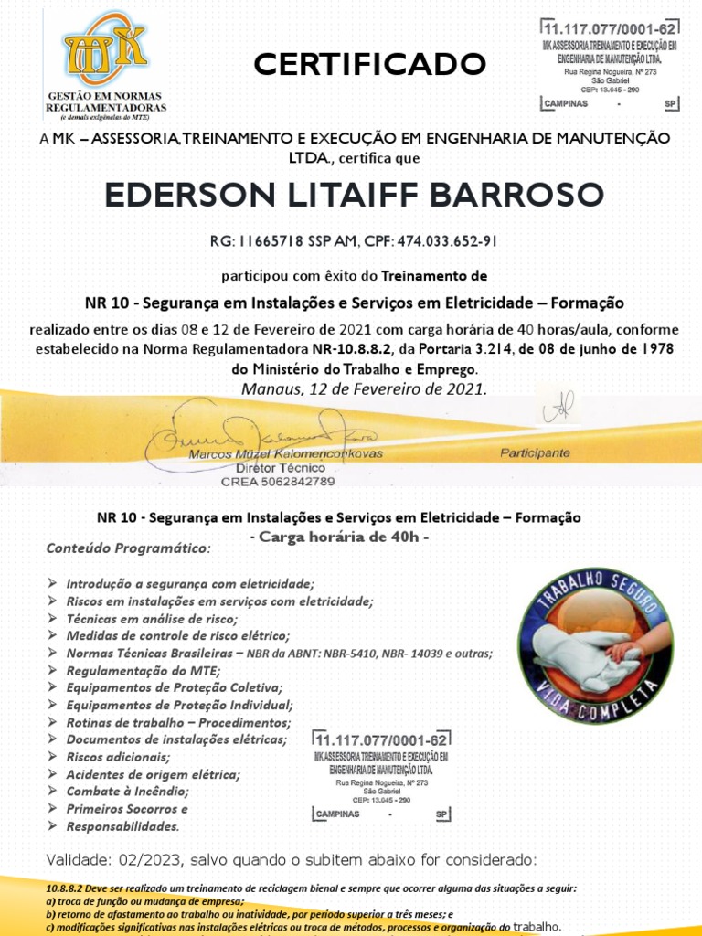 Certificado NR 10 - 40h-EDERSON LITAIFF BARROSO - 04.2020 | PDF