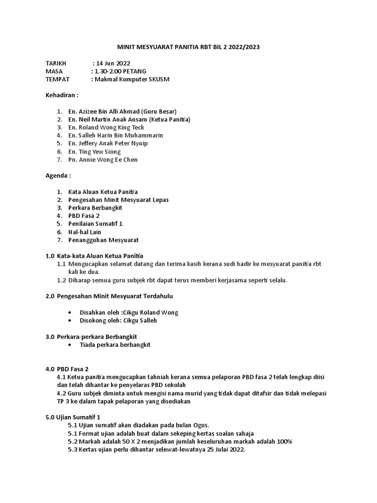 MINIT MESYUARAT PANITIA RBT Ke 2 2022 | PDF