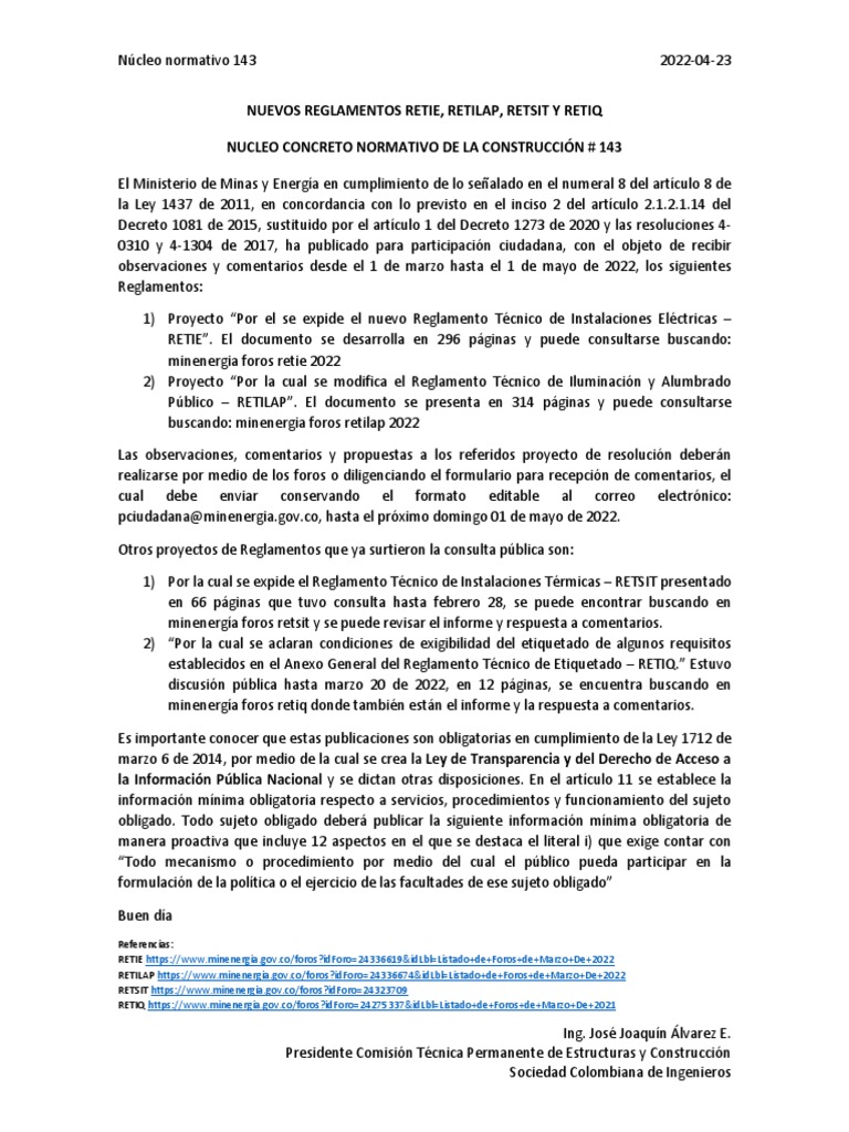 2022-04-23 Nucleo Normativo 143 Nuevos Reglamentos RETIE RETILAP RETSIT ...
