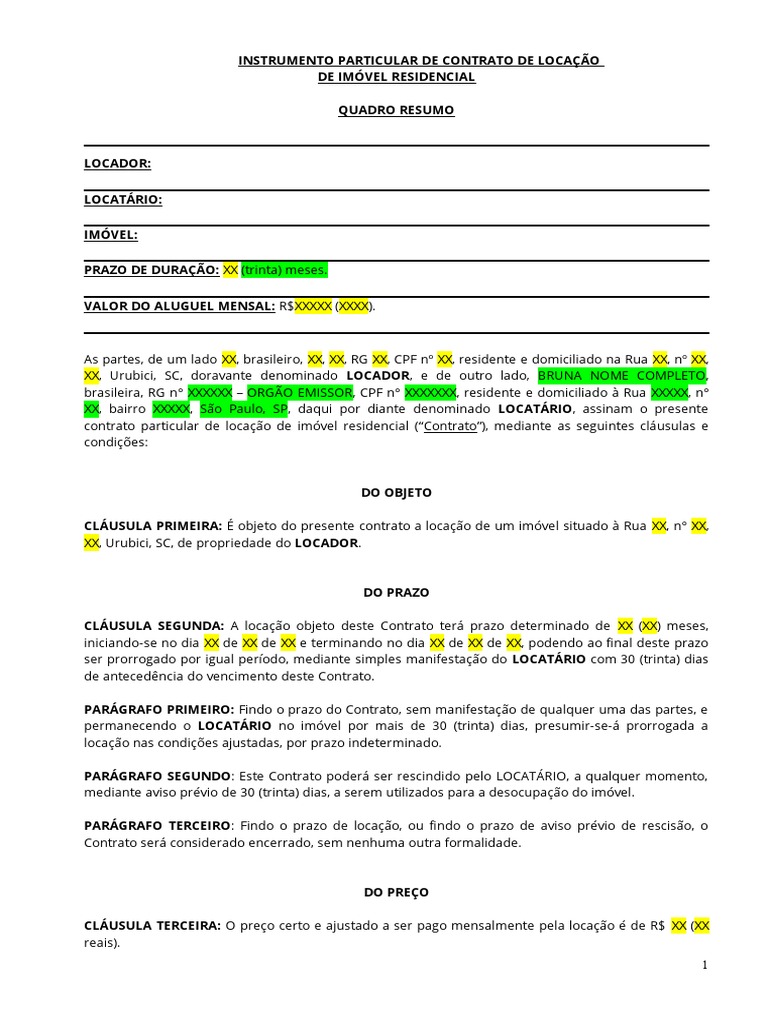 Contrato de Locação Bruna | PDF | Aluguel | Lei e economia