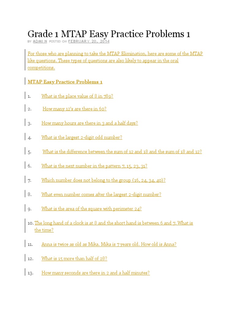 Grade 1 Mtap Reviewer Set 1 8 | PDF