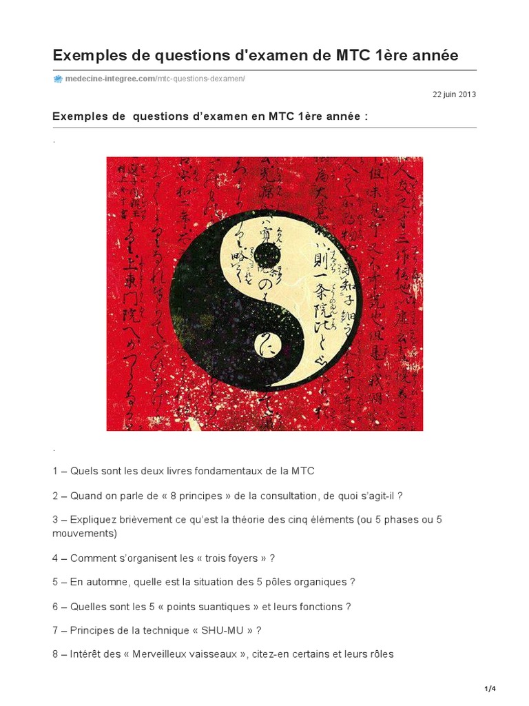 Questions d'examen MTC 1ère année | PDF | Médecine traditionnelle ...