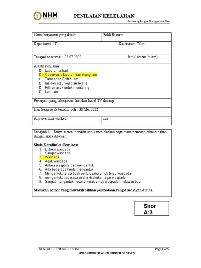 NHM-OHS-FRM-008-R00-Penilaian Kelelahan - Ind Faldi | PDF