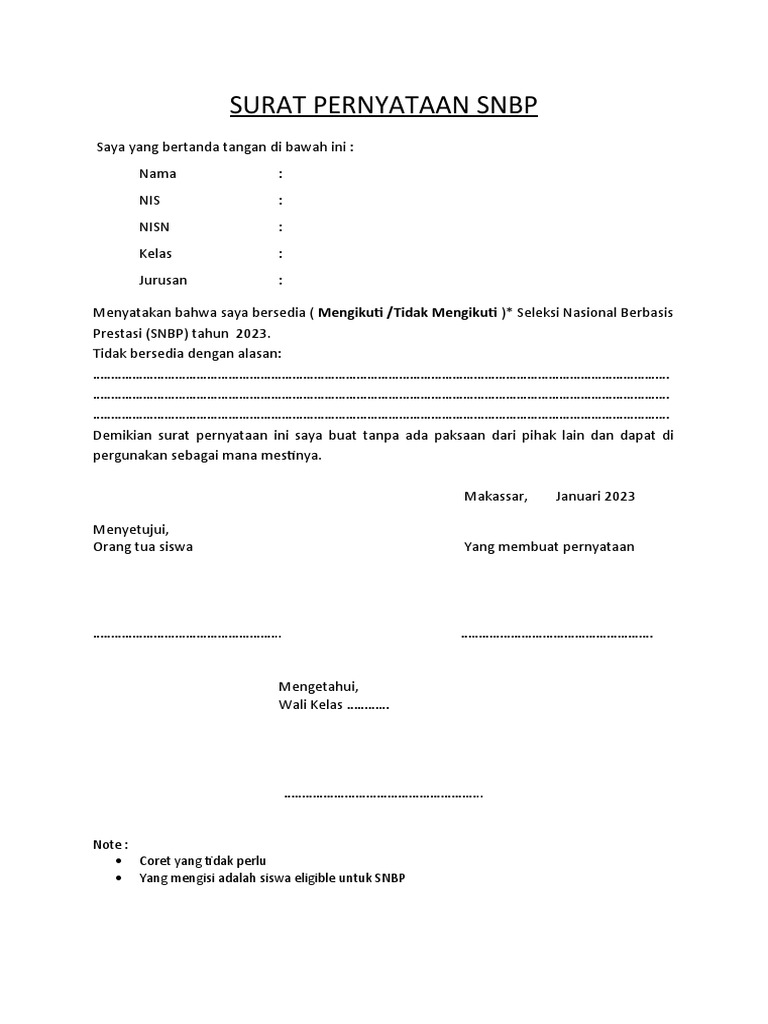Surat Pernyataan SNBP 2023 | PDF