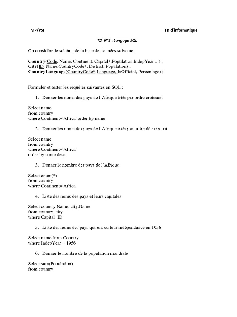 Travaux Dirigés - TD 5 - SQL 2 - Corrigé | PDF | SQL | Ouverture (échecs)