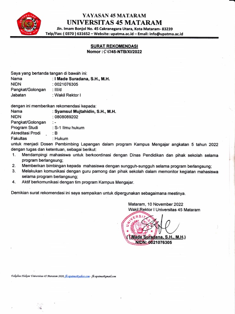 Surat Rekomendasi DPL | PDF
