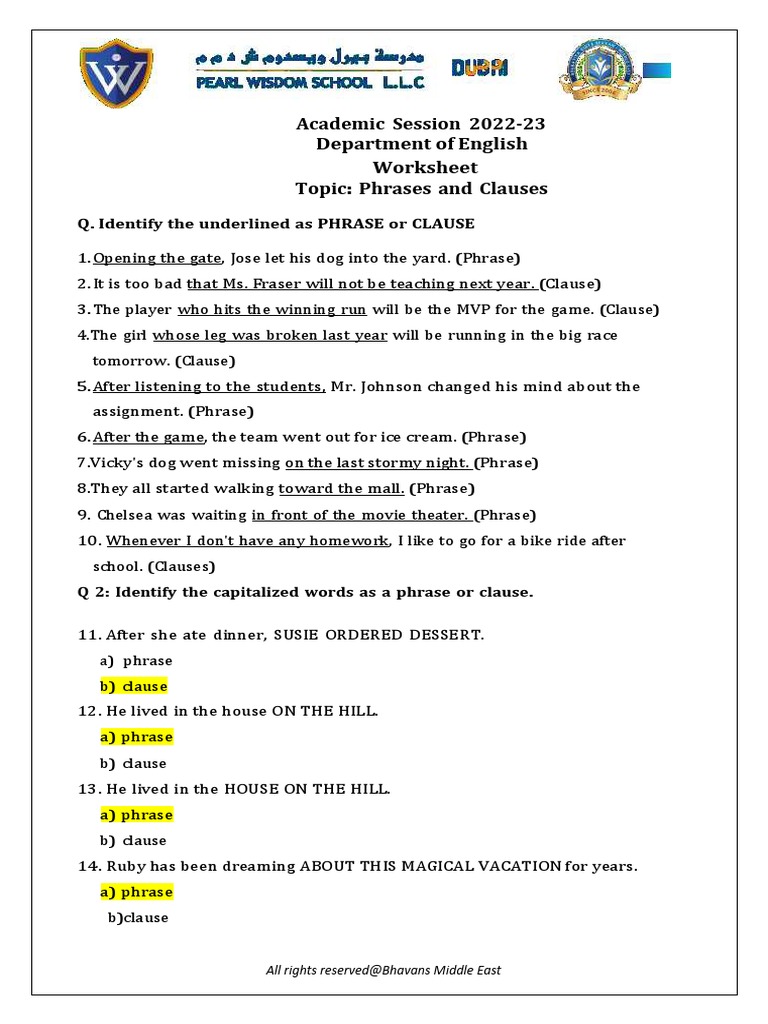 Phrases and Clauses - Worksheet - Answer Key | PDF