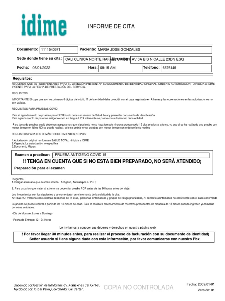 Informe de cita médica para prueba de antígeno COVID-19 | PDF | Medicina CLINICA | Enfermedades ...
