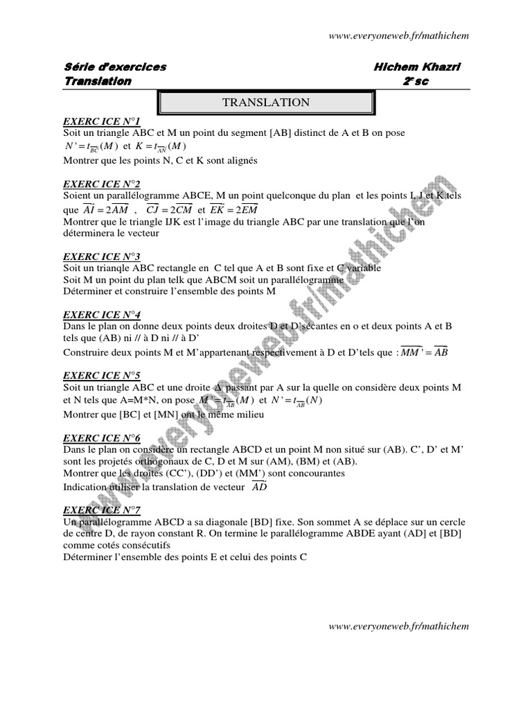 Serie D'exercices - Math - Translation - 2ème Sciences | PDF