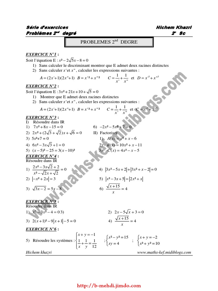 Exercices de mathématiques : Équations du 2nd degré | PDF | Mathématiques | Algèbre