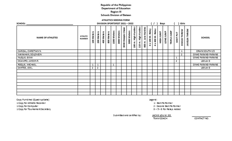 Orani Boys Seeding Form Division Sportsfest | PDF | Track And Field ...