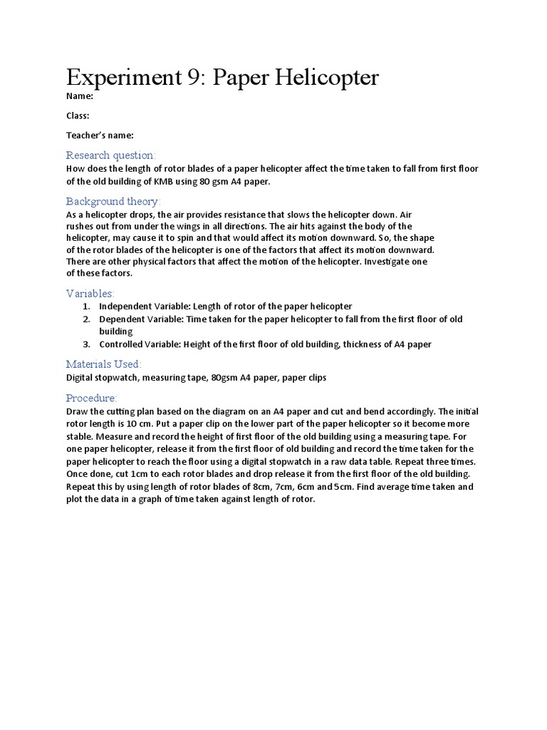 Experiment 9 Paper Helicopter | PDF | Helicopter | Experiment