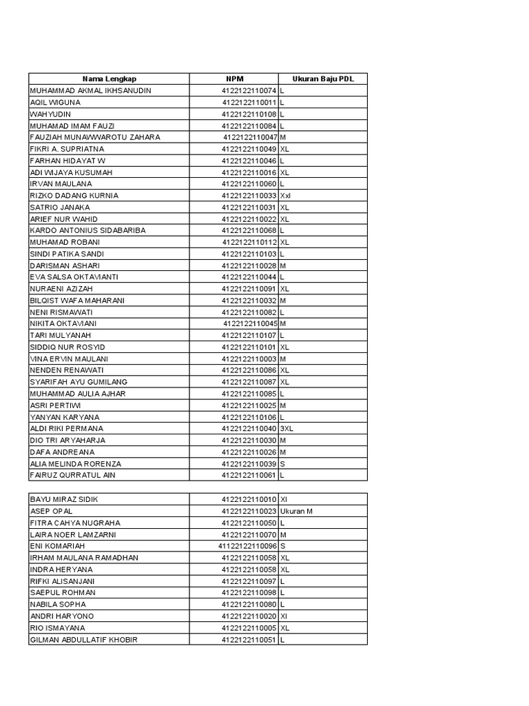 DATA BAJU PDL HIMABUD S1 ANGKATAN 2022 - Form Responses 1 | PDF