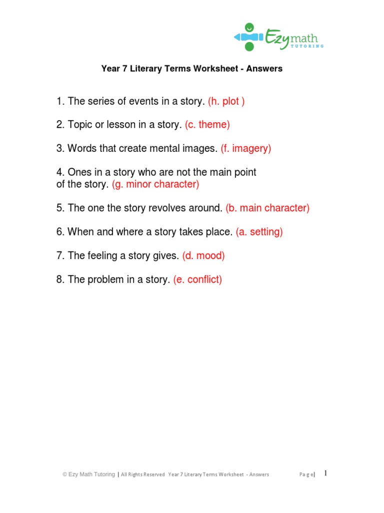 Year 7 Literary Terms Worksheet Answers | PDF | Language Arts ...