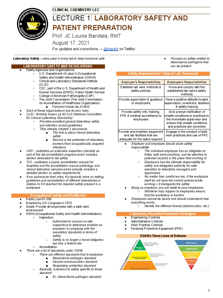 CCLec P1 - Laboratory Safety and Patient Preparation | PDF ...
