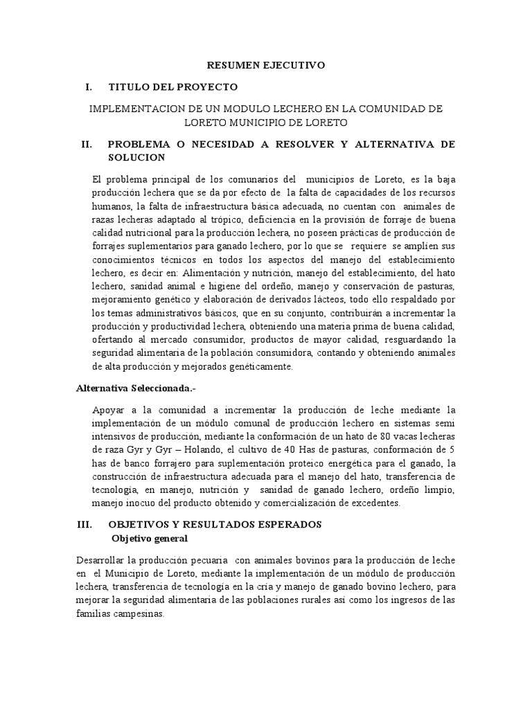 1 - RESUMEN EJECUTIVO Proyecto Lechero | PDF | Tecnología