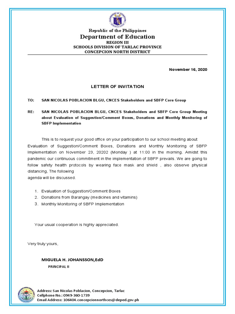 SBFP Letter of Invitation San Nic PobCNCES Stakeholders SBFP Core Group ...