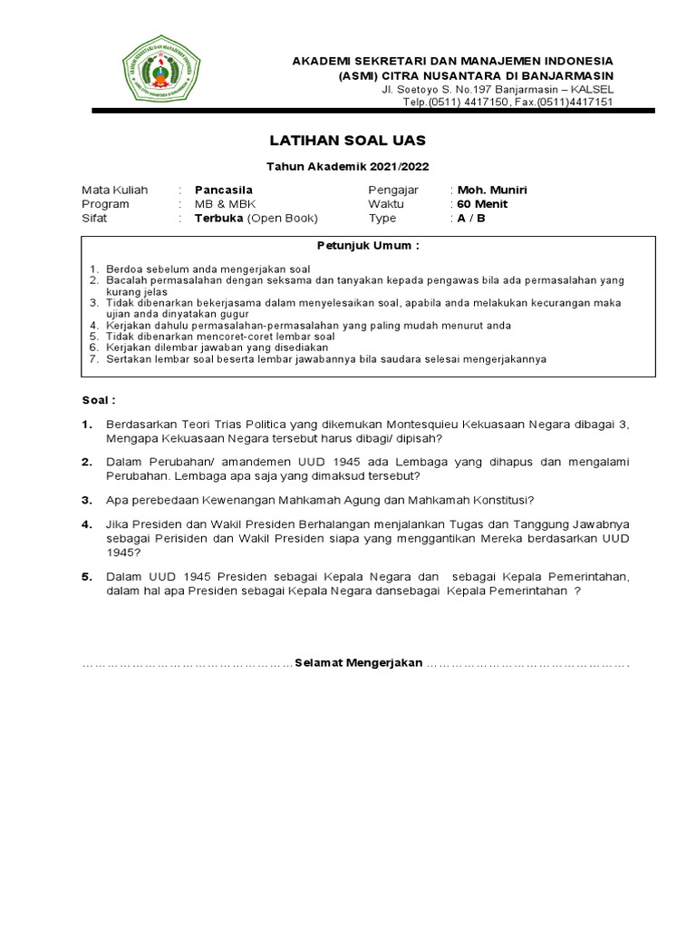 Latihan Soal Uas Pancasila - MB & MBK 2022 - Lembaga Negara | PDF