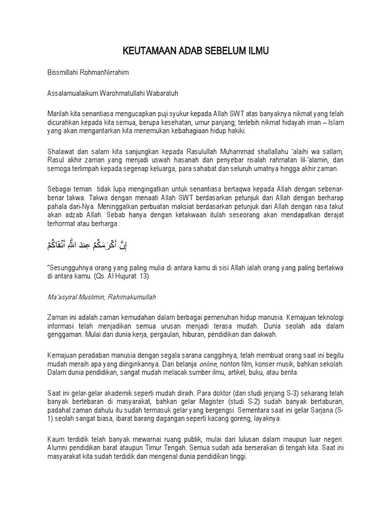 Kultum Keutamaan Adab Sebelum Ilmu | PDF