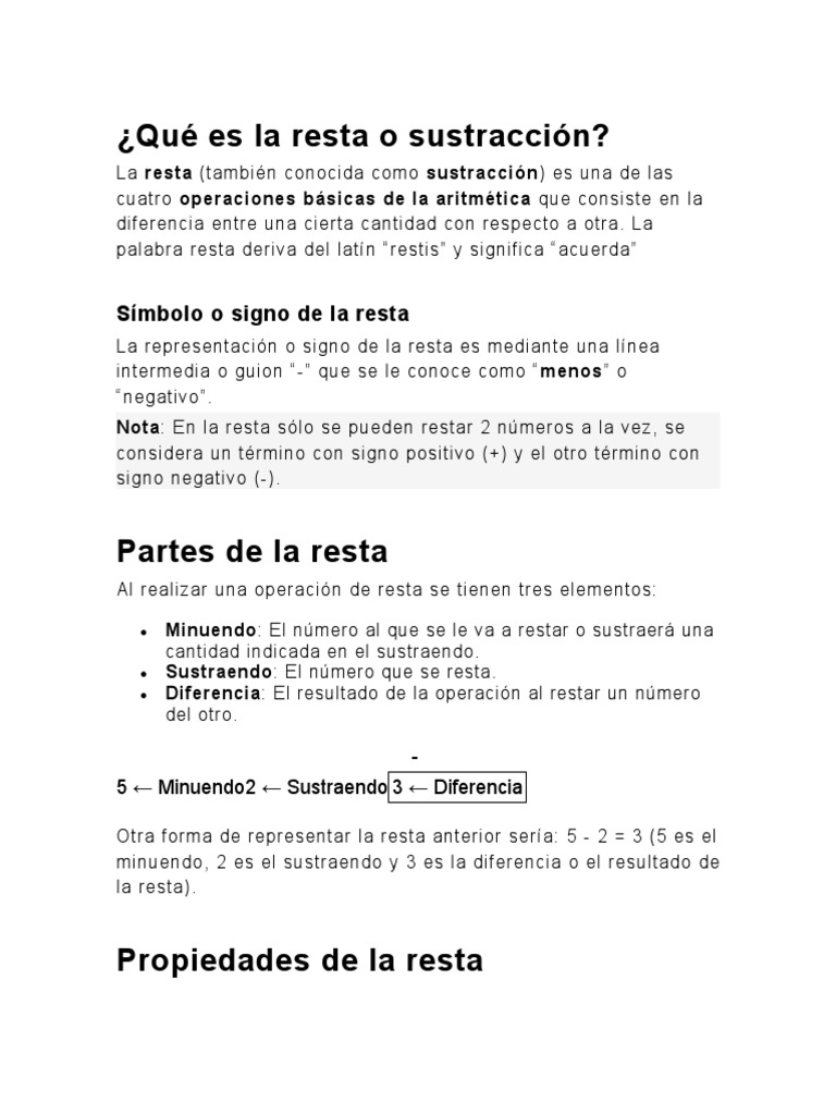 Definición y propiedades de la resta | PDF | Sustracción | Matemáticas