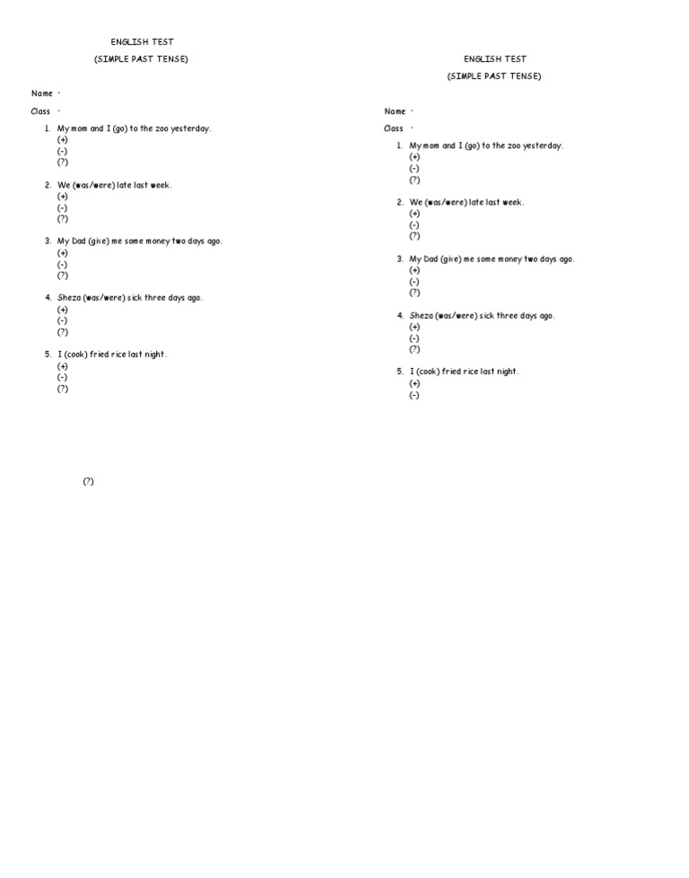 Simple Past Tense Test Worksheet | PDF
