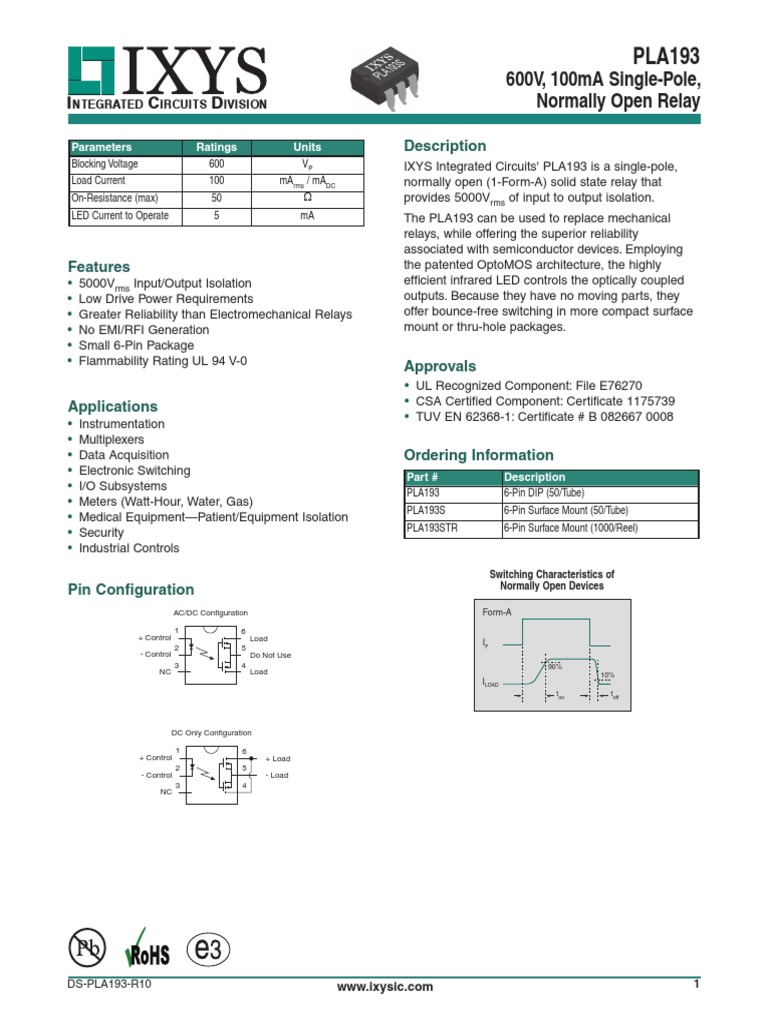 Ixys Pla193 | PDF | Relay | Switch