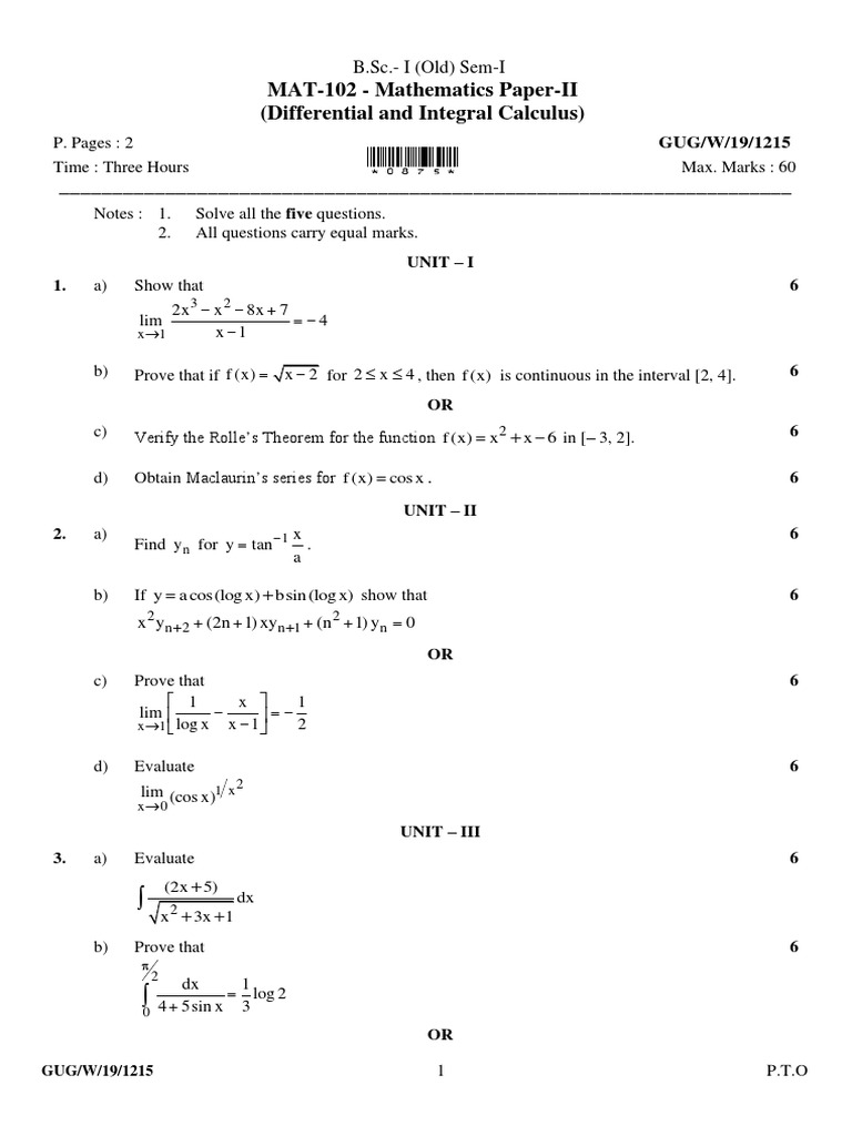 1215 - Year - B.Sc. - I (Old) Sem-I Subject - MAT-102 - Mathematics ... 1215 - Year - B.Sc. - I (Old) Sem-I Subject - MAT-102 - Mathematics ...