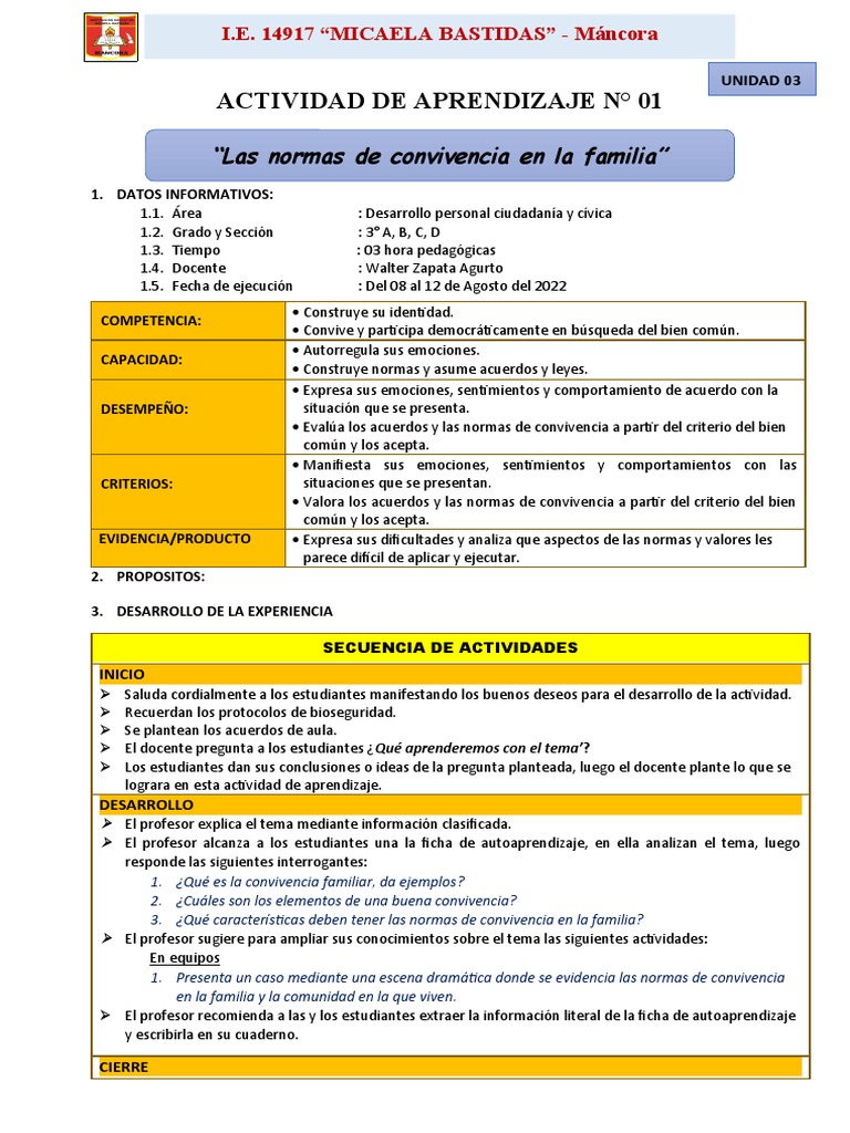 Actividad de Aprendizaje: Normas de Convivencia | PDF | Aprendizaje | Evaluación