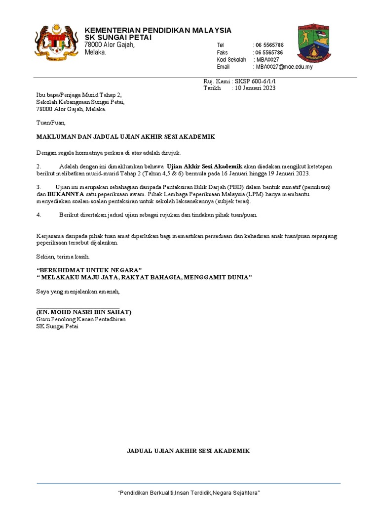 Surat Makluman Uasa 2023 | PDF