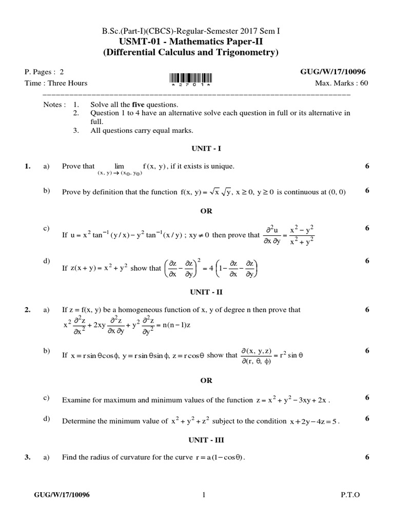 Year - B.Sc. (Part-I) (CBCS) - Regular-Semester 2017 Sem I Subject - USMT-01 - Mathematics Paper ...