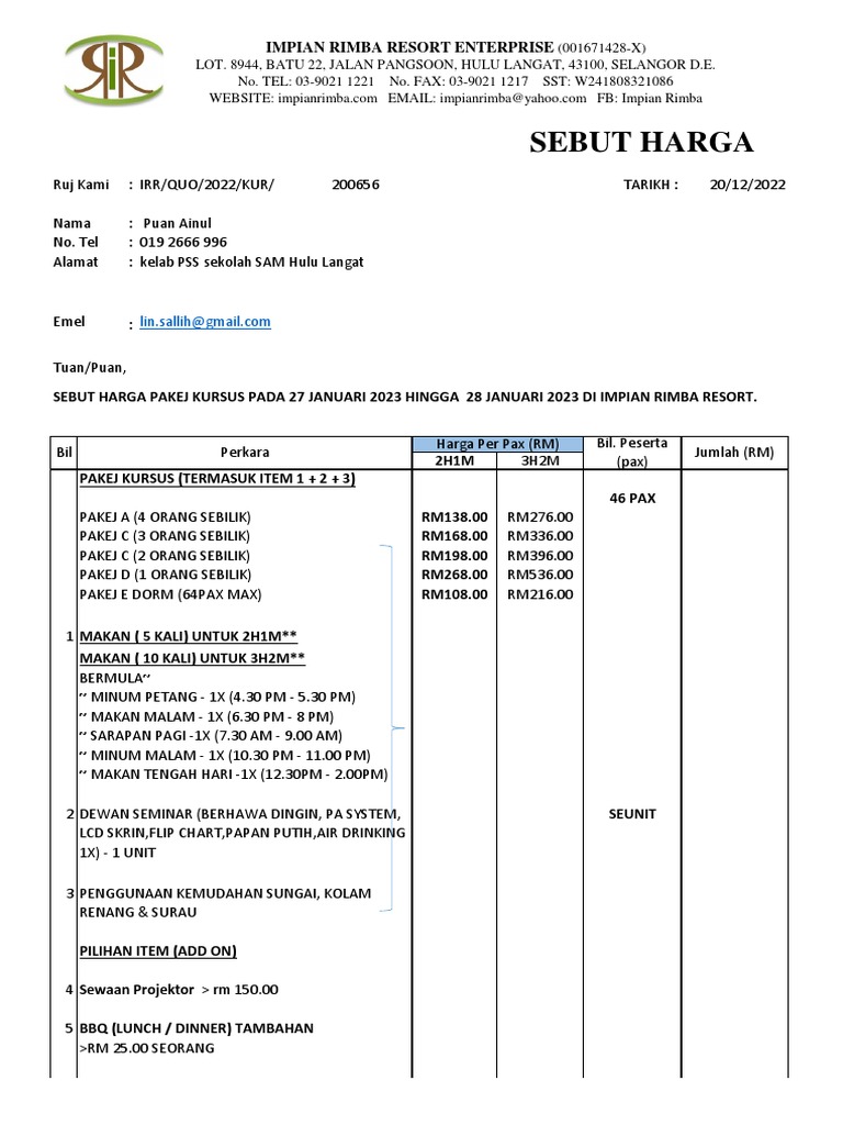 Impian Rimba Resort Sebut Harga Pakej Kursus | PDF