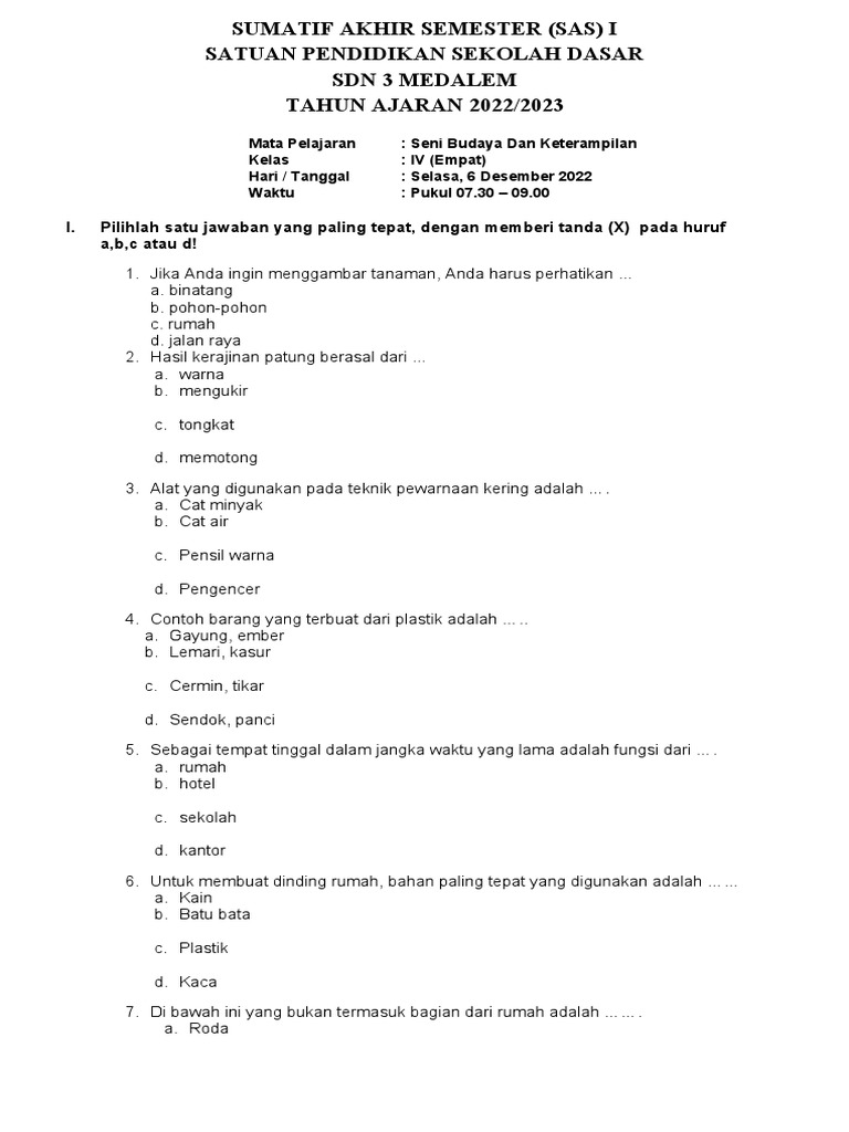 Sumatif Akhir Semester Kelas 4 SMT 1 | PDF