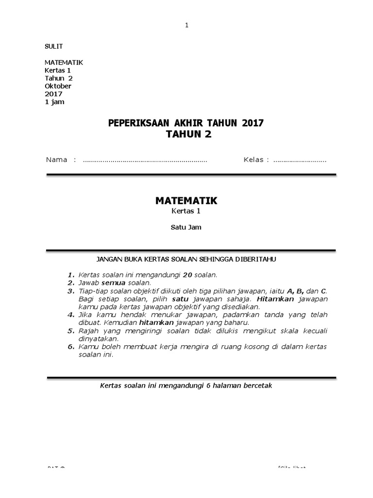 Ujian Akhir Tahun KSSR Tahun 2 Matematik Kertas1 Set1 | PDF