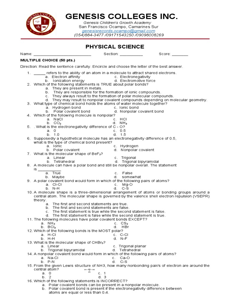 Physical Science | PDF | Chemical Polarity | Chemical Bond