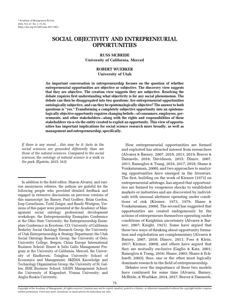 McBride-Wuebker Social Objectivity & Entrepreneurial Opportunities | Download Free PDF | Mind ...