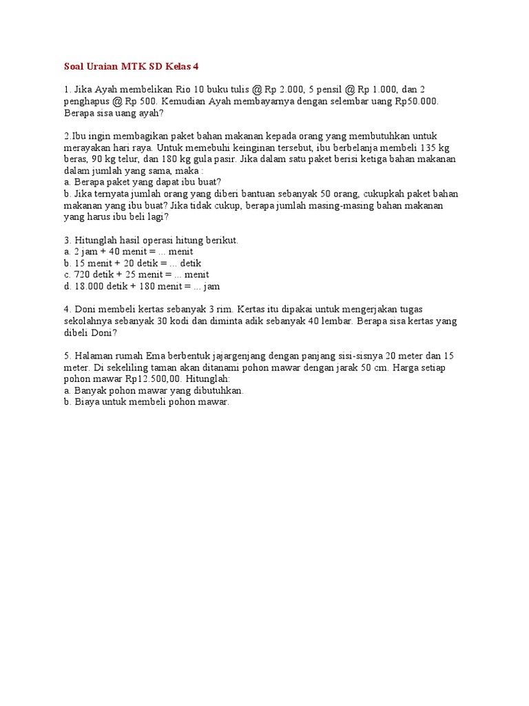 LES Soal Uraian MTK SD Kelas 4 | PDF | Griya & Taman