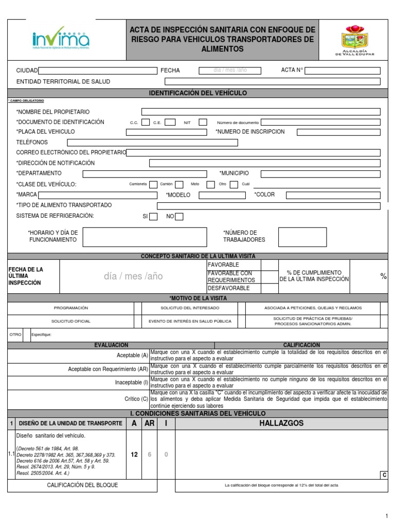 Ex-Gs-Rg-45 Acta de Inspeccin Sanitaria Con Enfoque de Riesgo para Vehiculos Transportadores de ...